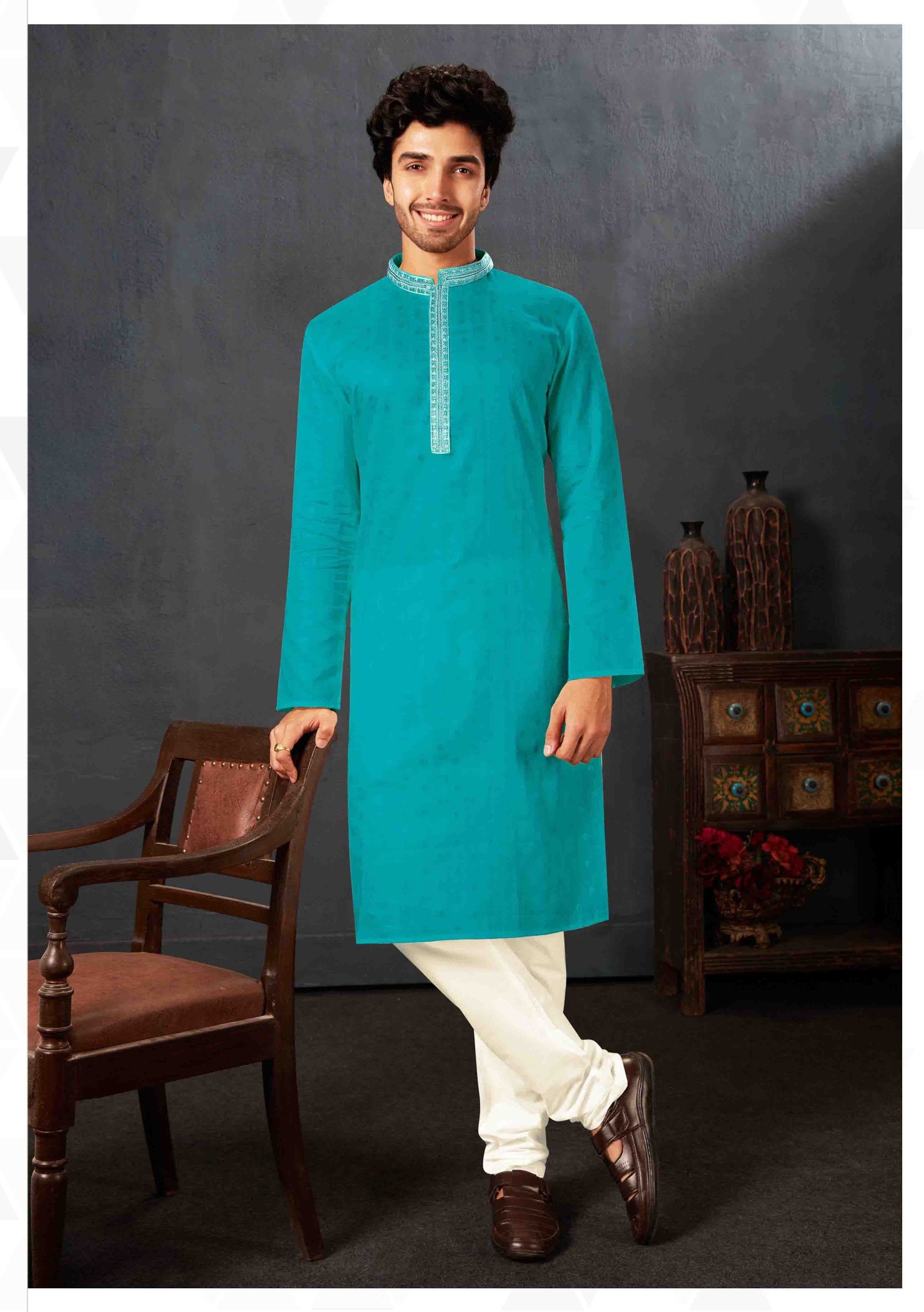 Buy Dark Cyan Formal Kurta Pajama Online
