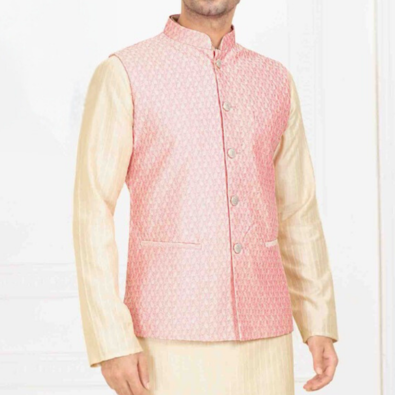 Baby Pink Printed Nehru Jacket for Men