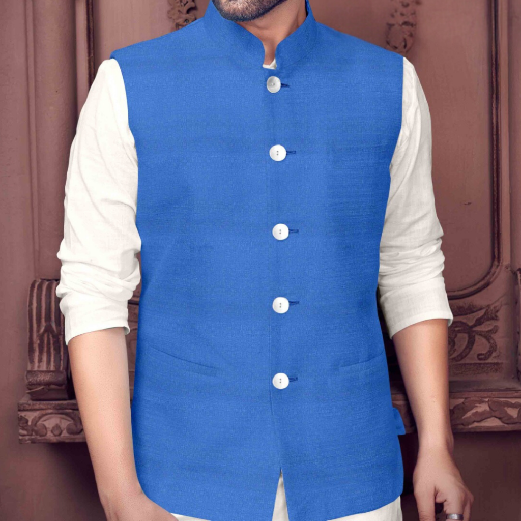 Blue Plain Nehru Jacket for Men