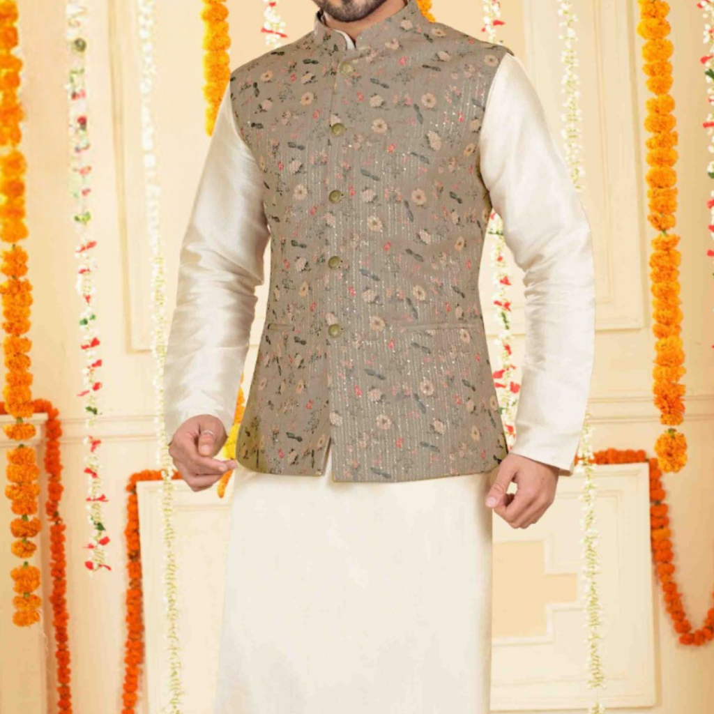 Khaki Printed Nehru Jacket for Men