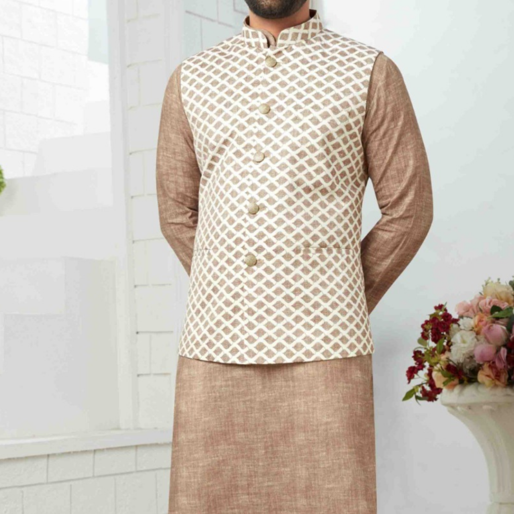 Light Brown Printed Nehru Jacket for Men