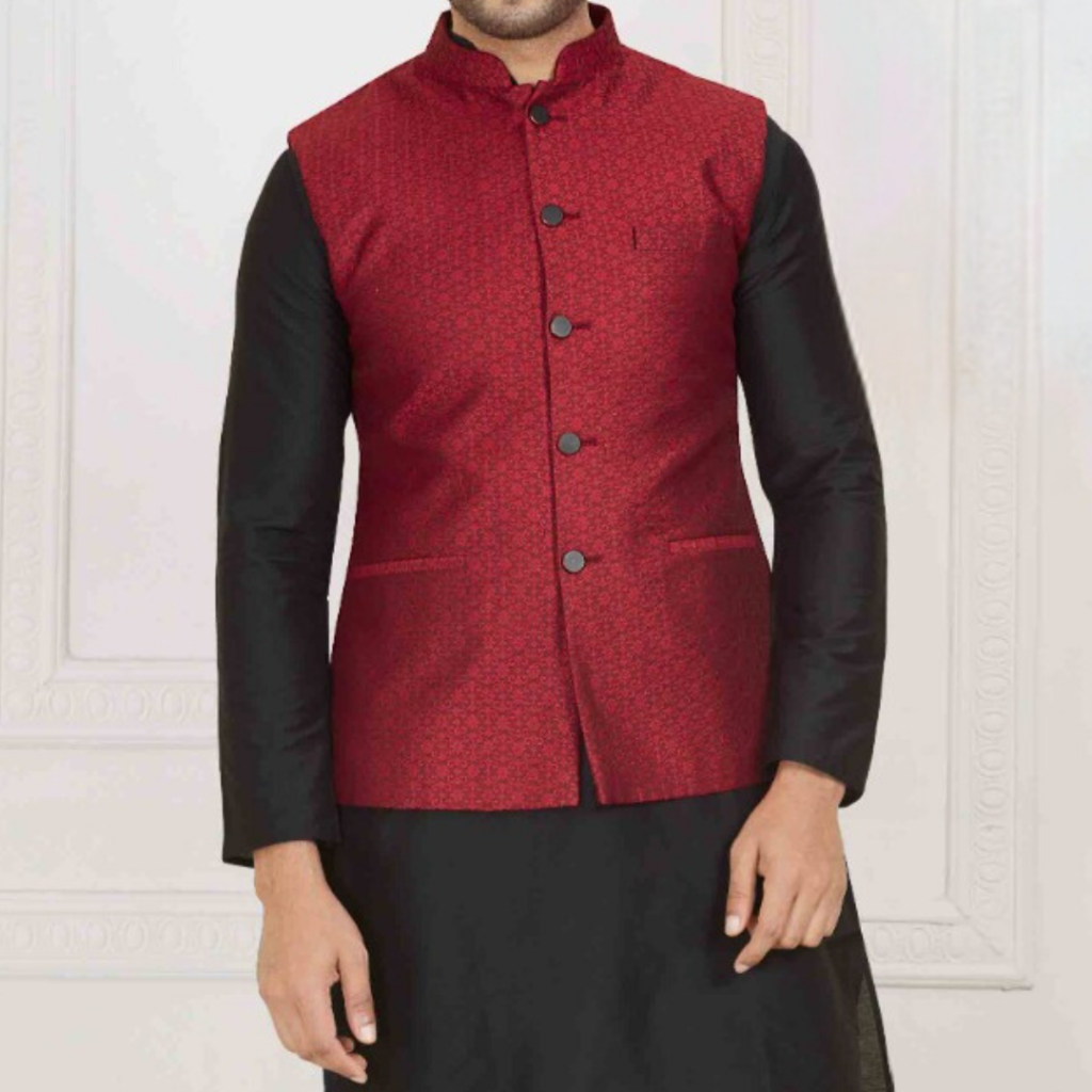 Maroon Printed Nehru Jacket for Men