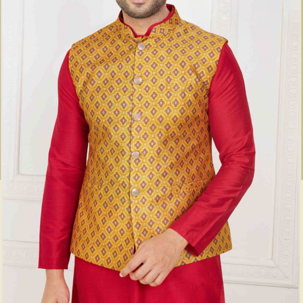 Saffron Yellow Printed Nehru Jacket for Men