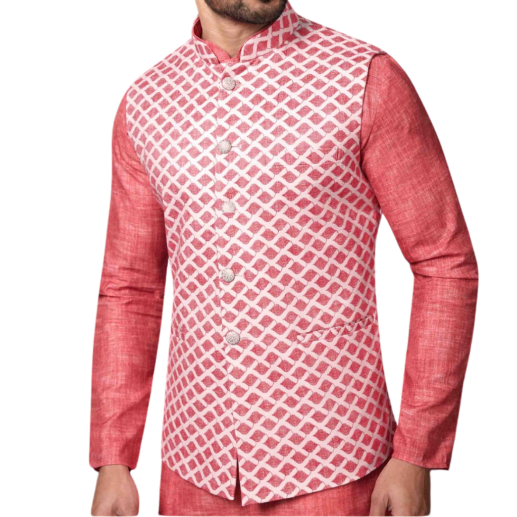 Salmon Pink Printed Nehru Jacket for Men