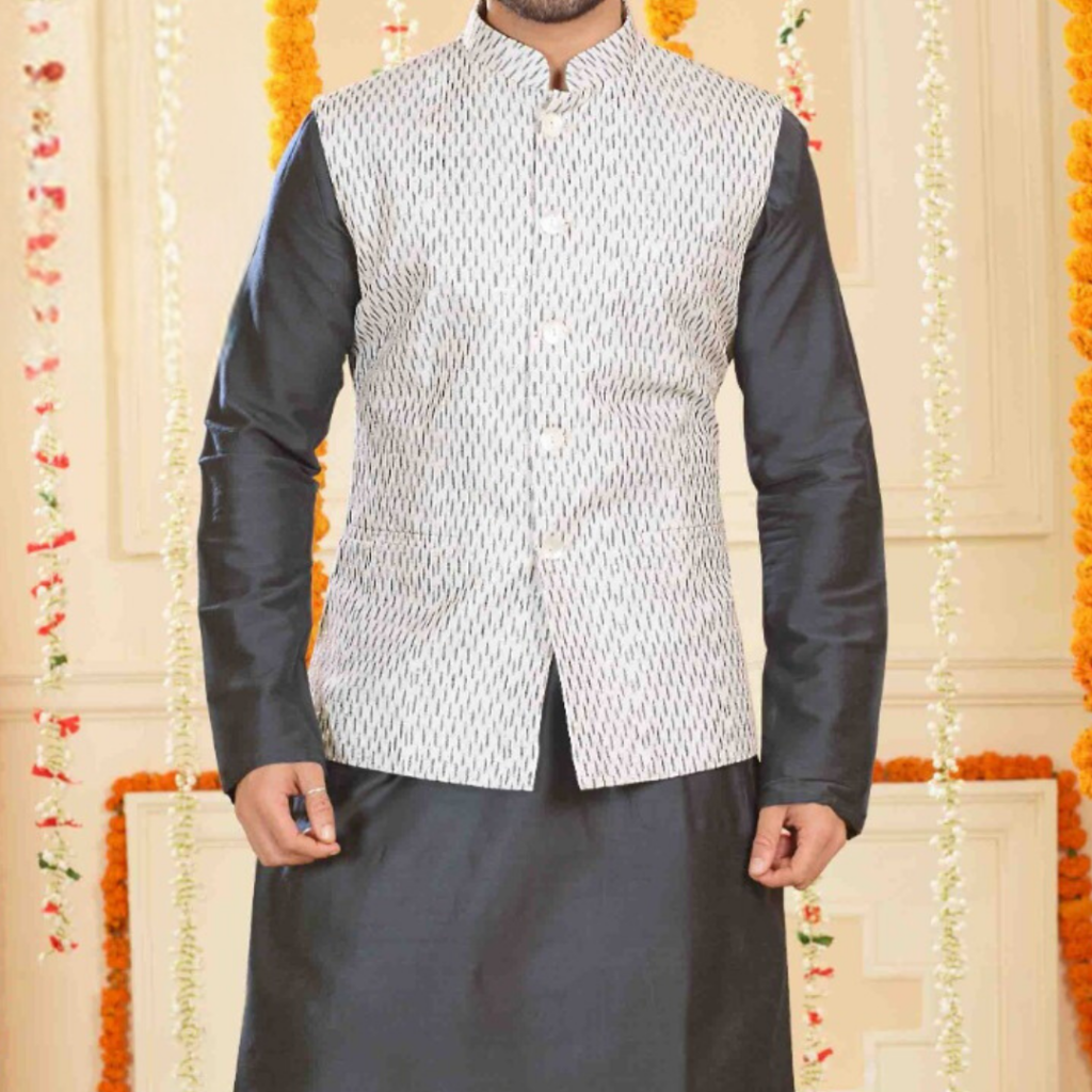 Steel Grey Printed Nehru Jacket for Men